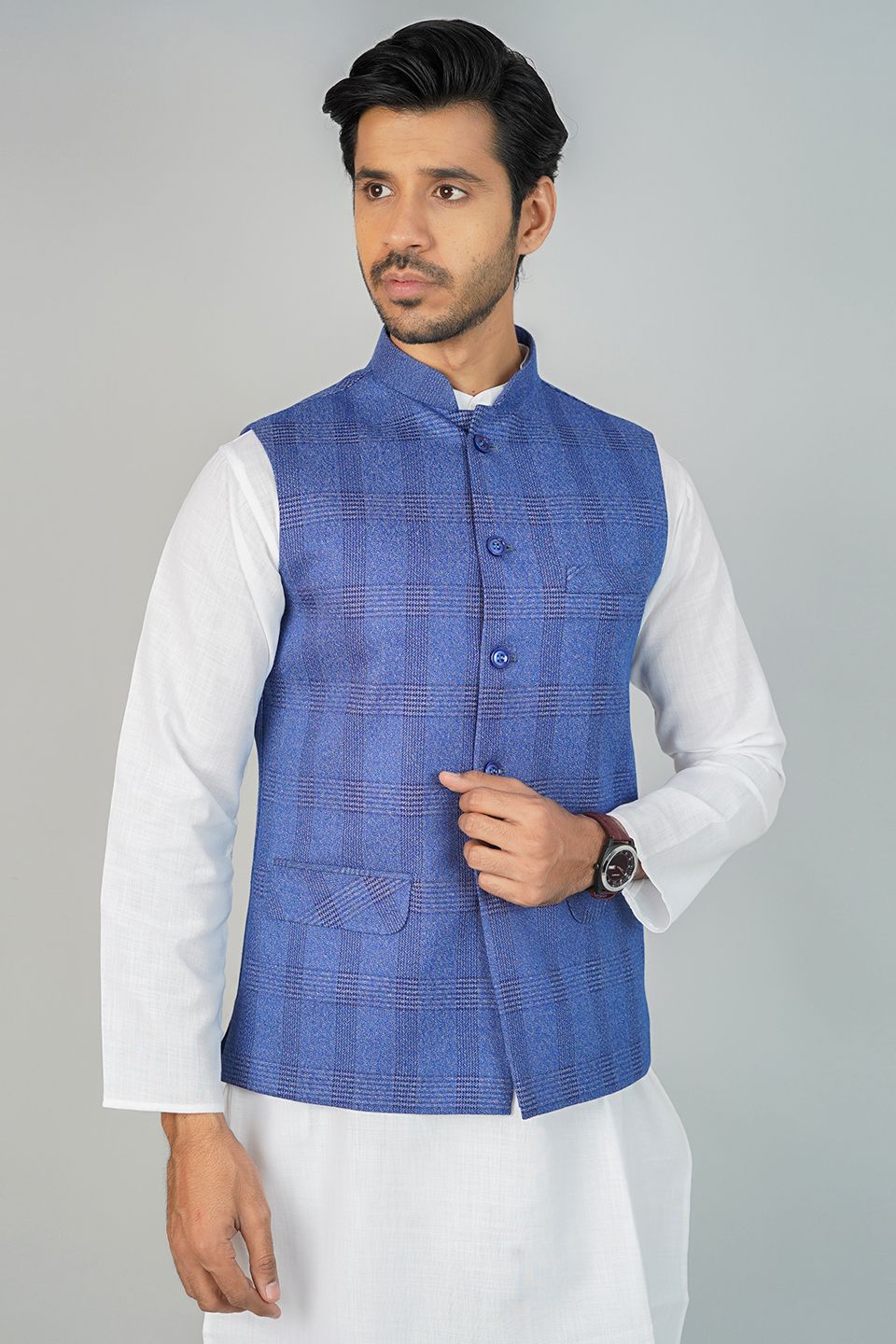 Buy Wintage Men's Tweed Check Blue Nehru Jacket