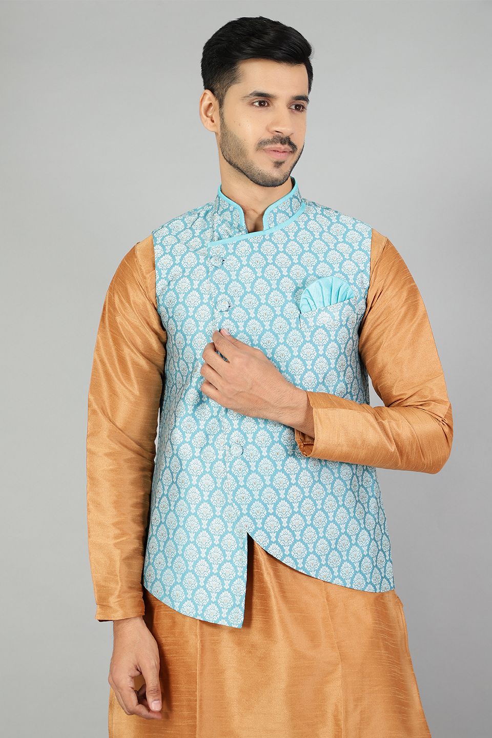 Buy Banarasi Rayon Cotton Plain Blue Modi Nehru Jacket From WINTAGE Online