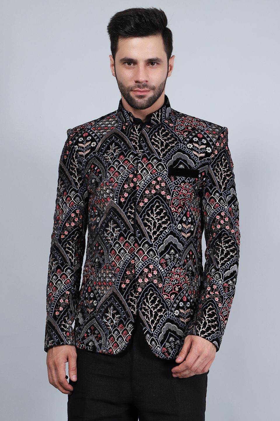 Buy WINTAGE Men's Embroidered Velvet Black Blazer : Black
