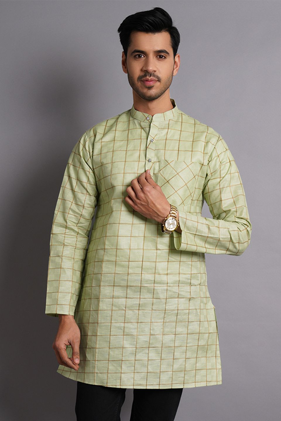 Buy WINTAGE Men's Cotton Silk Light Green Checkered Kurta Online