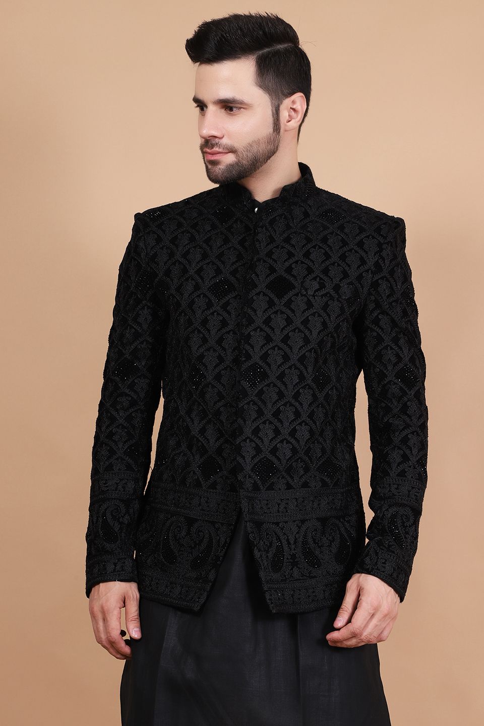 Buy WINTAGE Men's Embroidered Velvet Black Blazer : Black