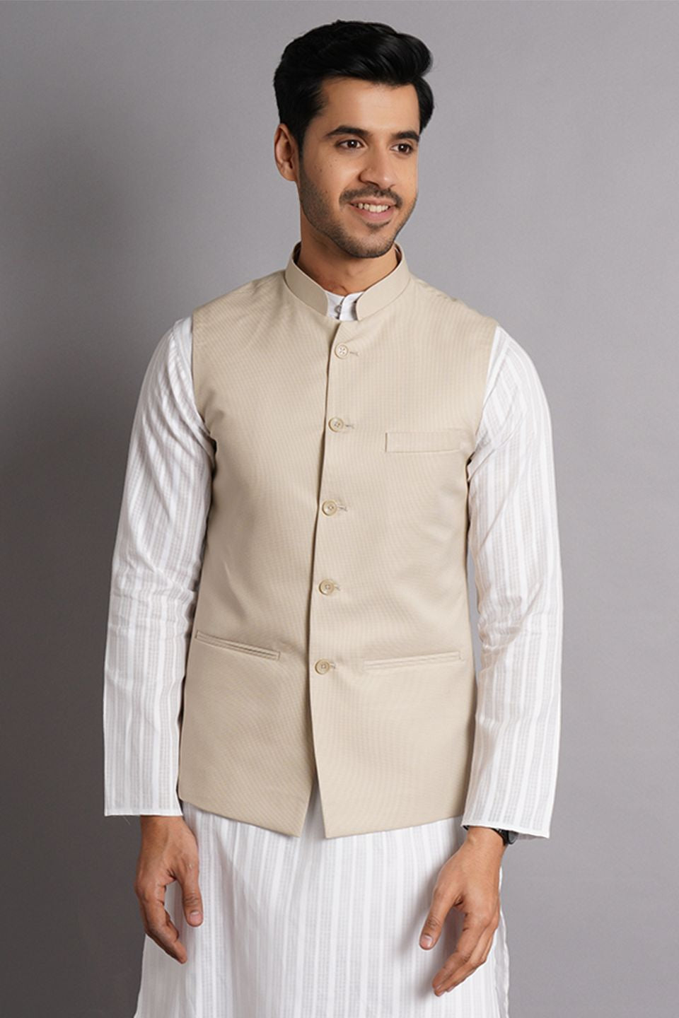 Buy WINTAGE Men's Poly Viscose Beige Solid Modi Nehru Jacket Online