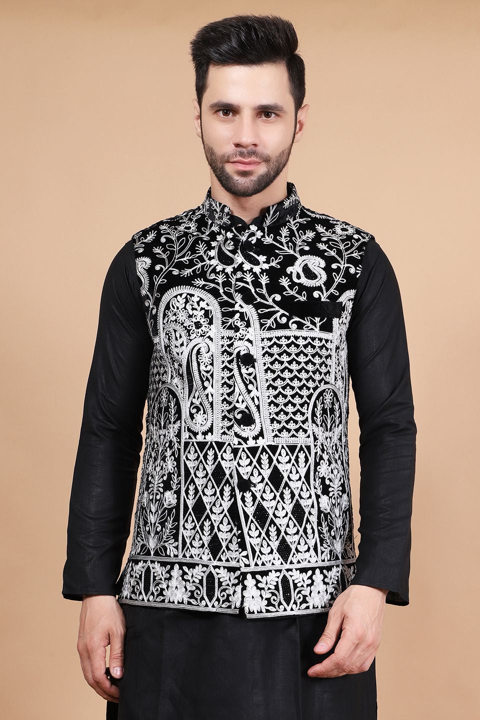 Buy WINTAGE Men's Embroidered Velvet Black Modi Nehru Jacket : Black