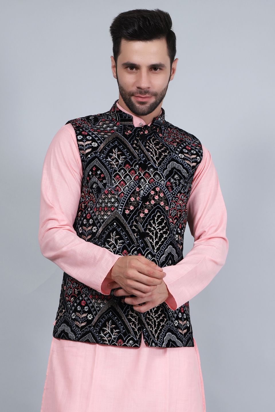 Buy WINTAGE Men's Embroidered Velvet Black Modi Nehru Jacket : Black