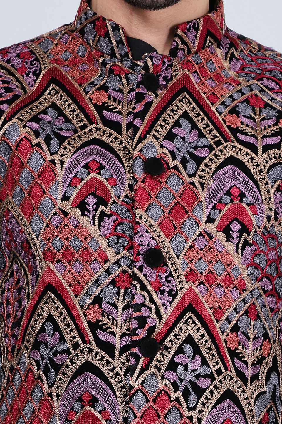 Buy WINTAGE Men's Embroidered Velvet Red Modi Nehru Jacket : Red