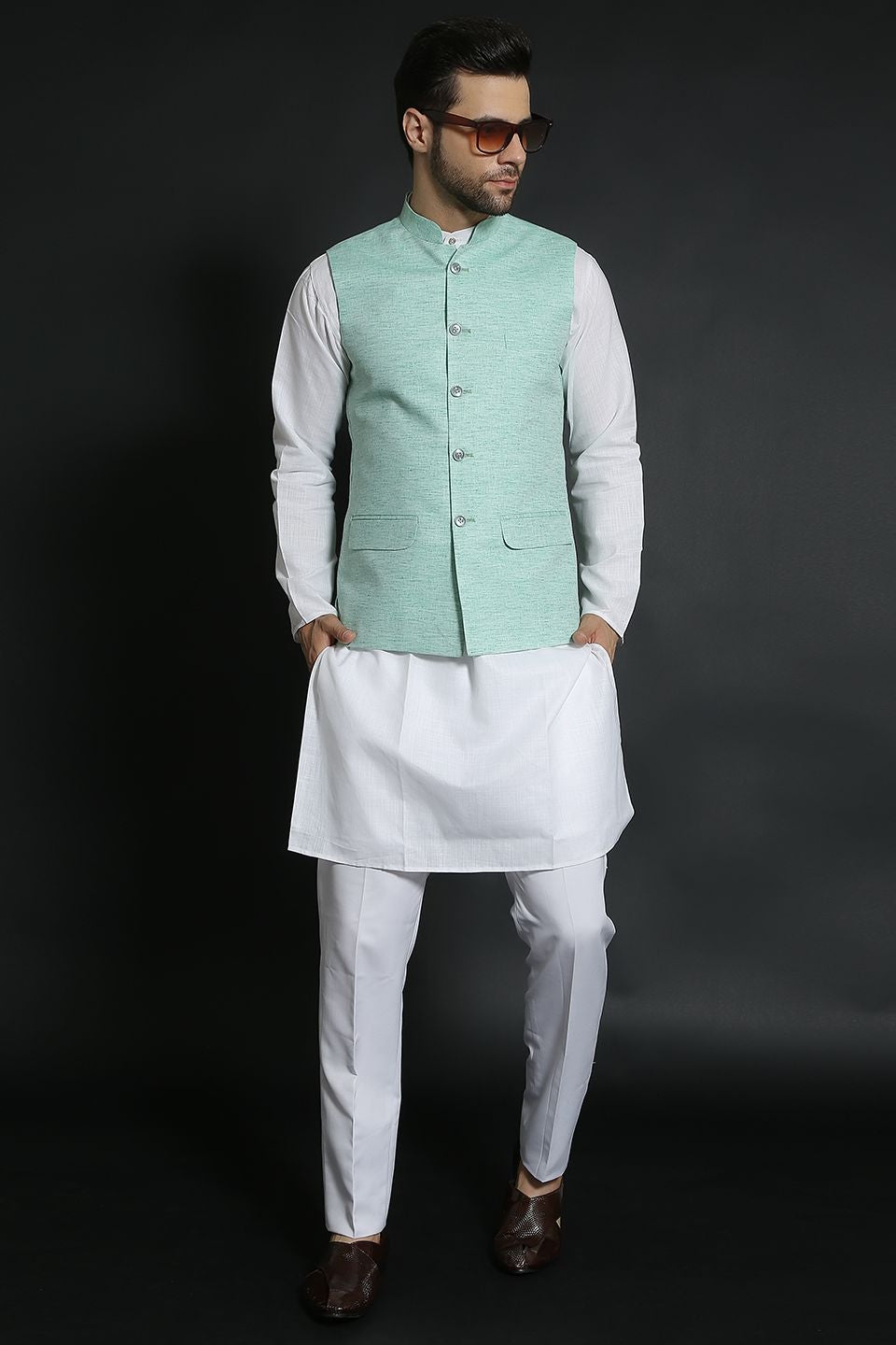 WINTAGE Men's Linen Cotton Green Modi Nehru Jacket : Green