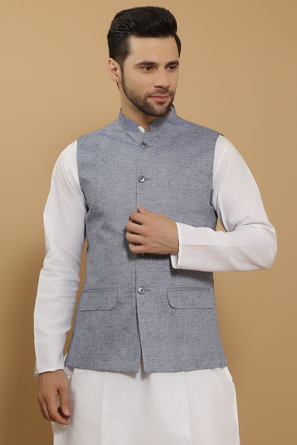 WINTAGE Men's Linen Cotton Blue Modi Nehru Jacket : Blue