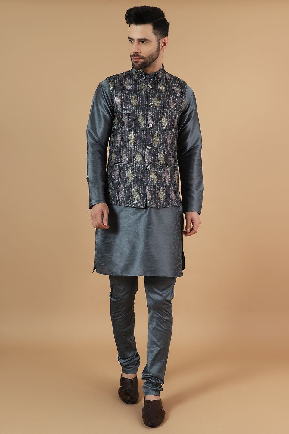 Wintage Men'sDigital Print Cotton Silk Black Modi Nehru Jacket & Kurta ...