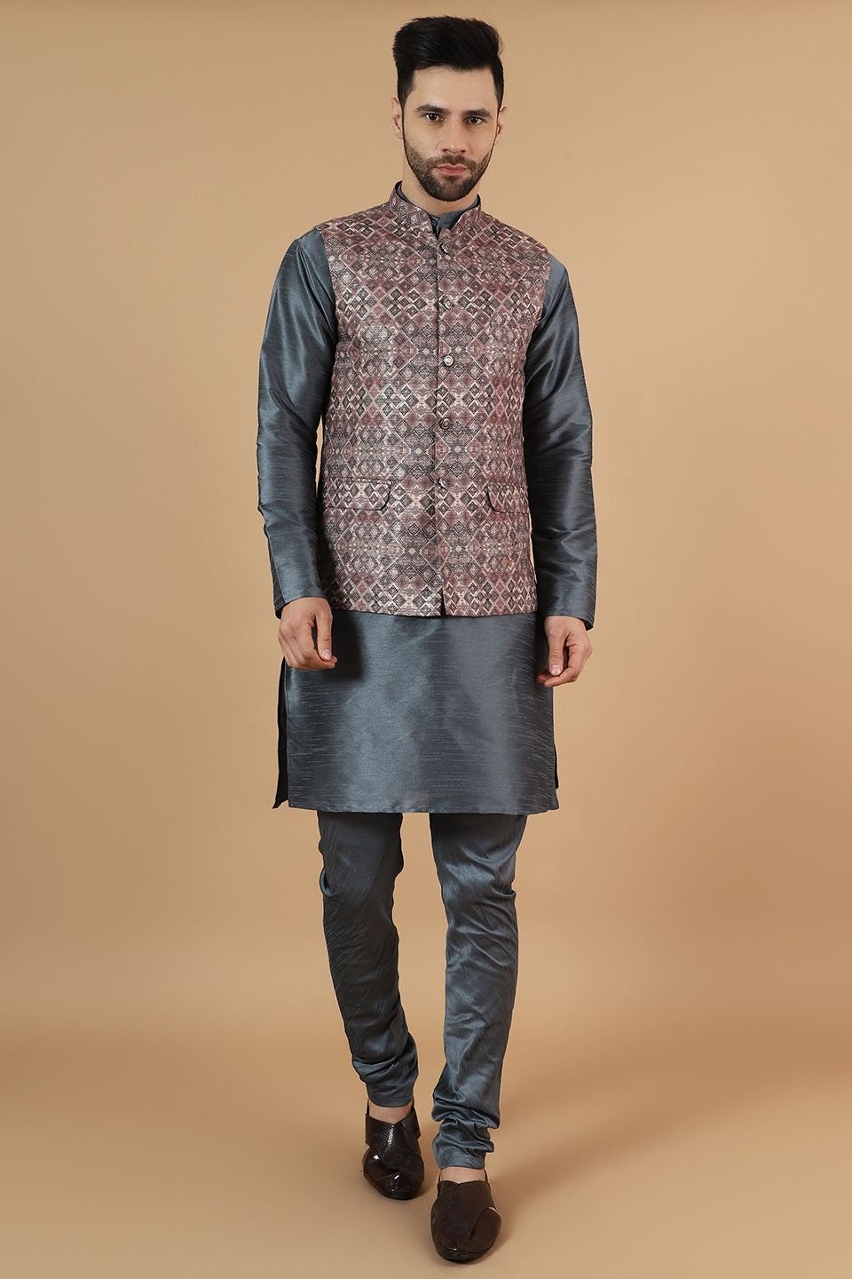 Wintage Men'sDigital Print Cotton Silk Grey Modi Nehru Jacket & Kurta ...