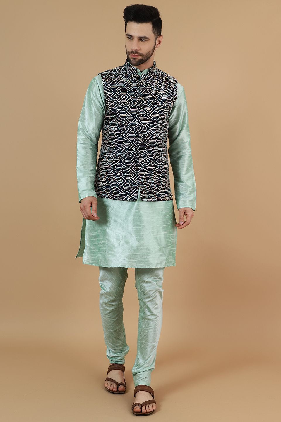 Wintage Men'sDigital Print Cotton Silk Green Modi Nehru Jacket & Kurta ...