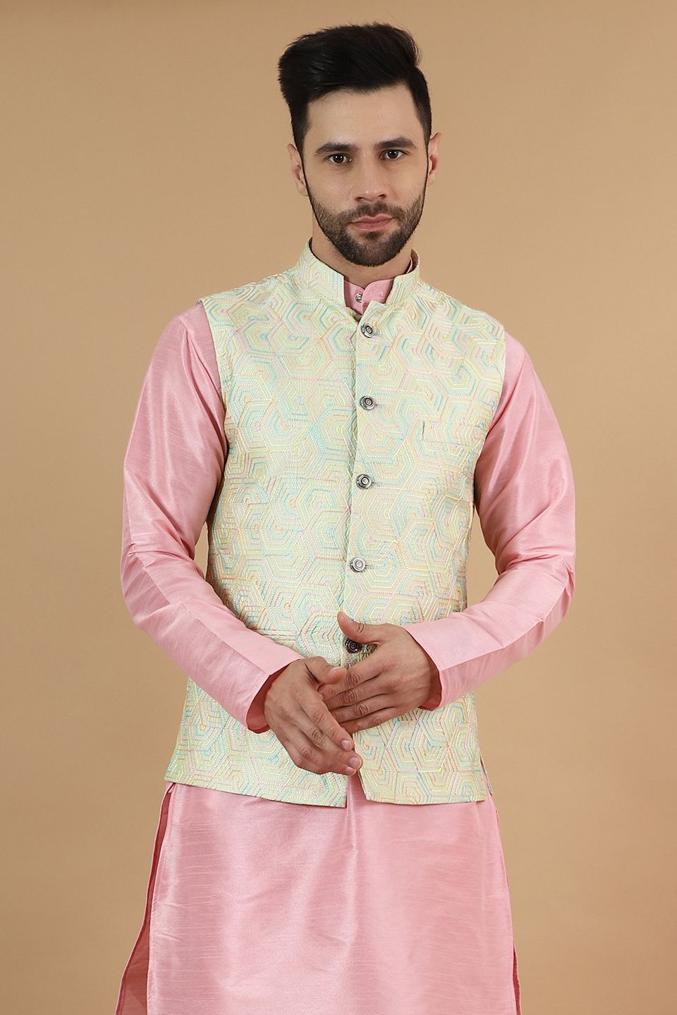 Wintage Men's Digital Print Cotton Silk Green Modi Nehru Jacket : Green ...