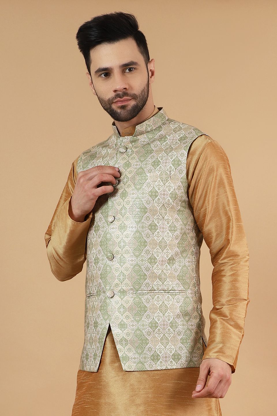Wintage Men's Digital Print Cotton Silk Green Modi Nehru Jacket : Green ...